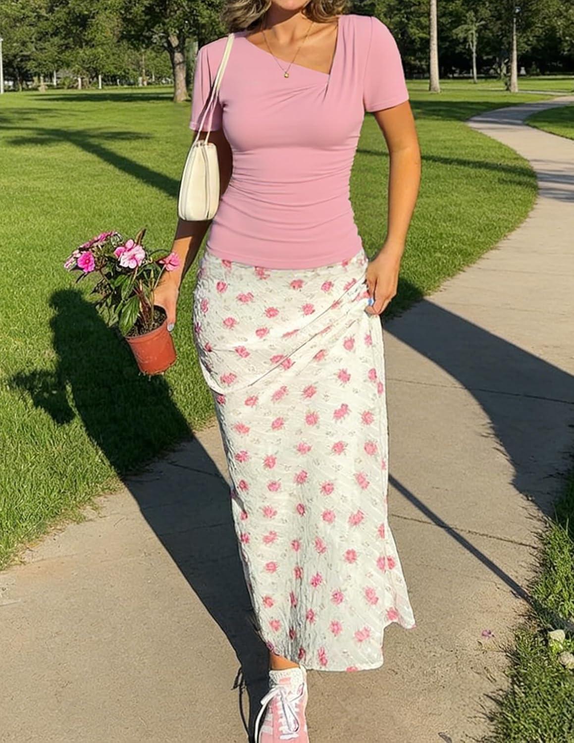 ZESICA Women’s Short Sleeve Asymmetrical Neck Ruched Slim Fit T Shirts ...