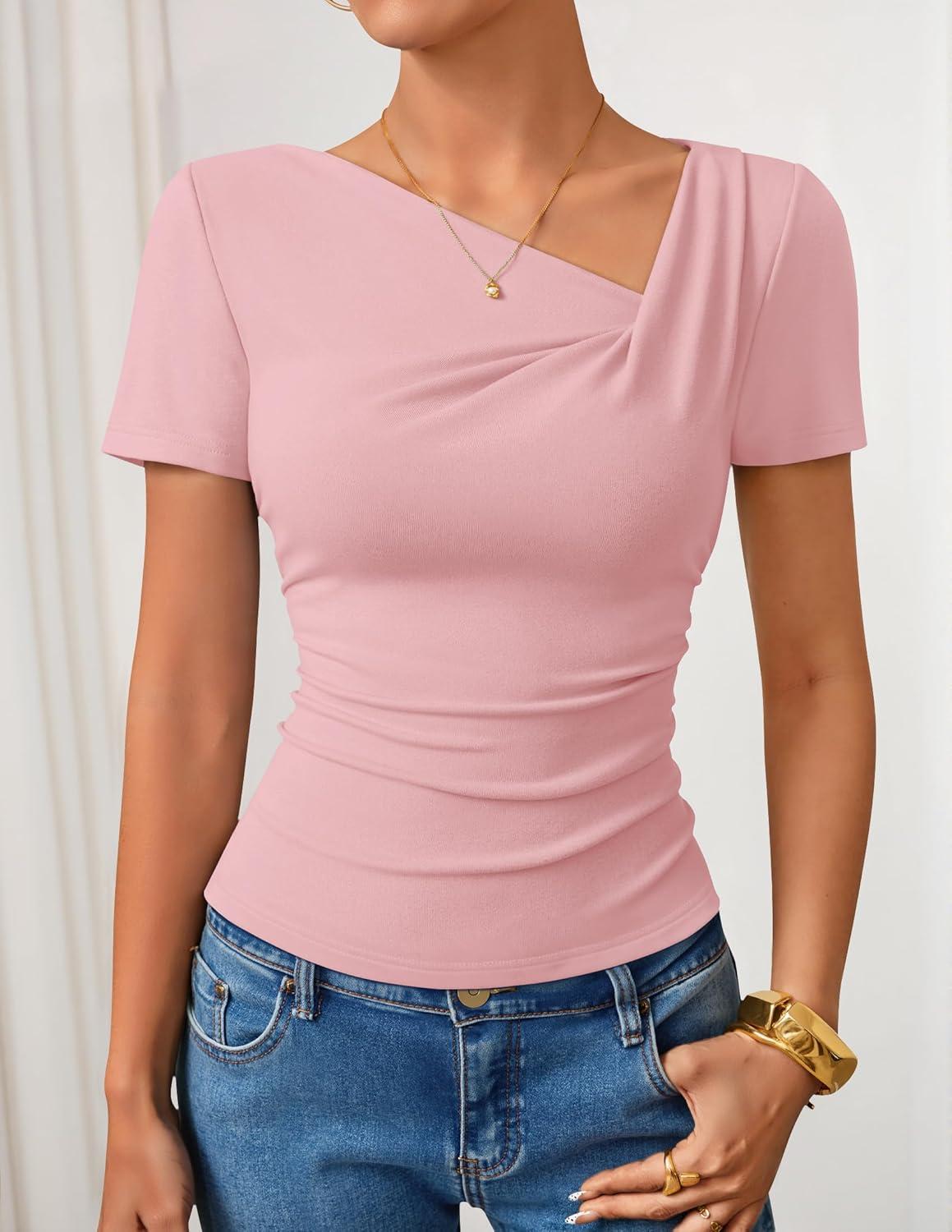 ZESICA Women’s Short Sleeve Asymmetrical Neck Ruched Slim Fit T Shirts ...
