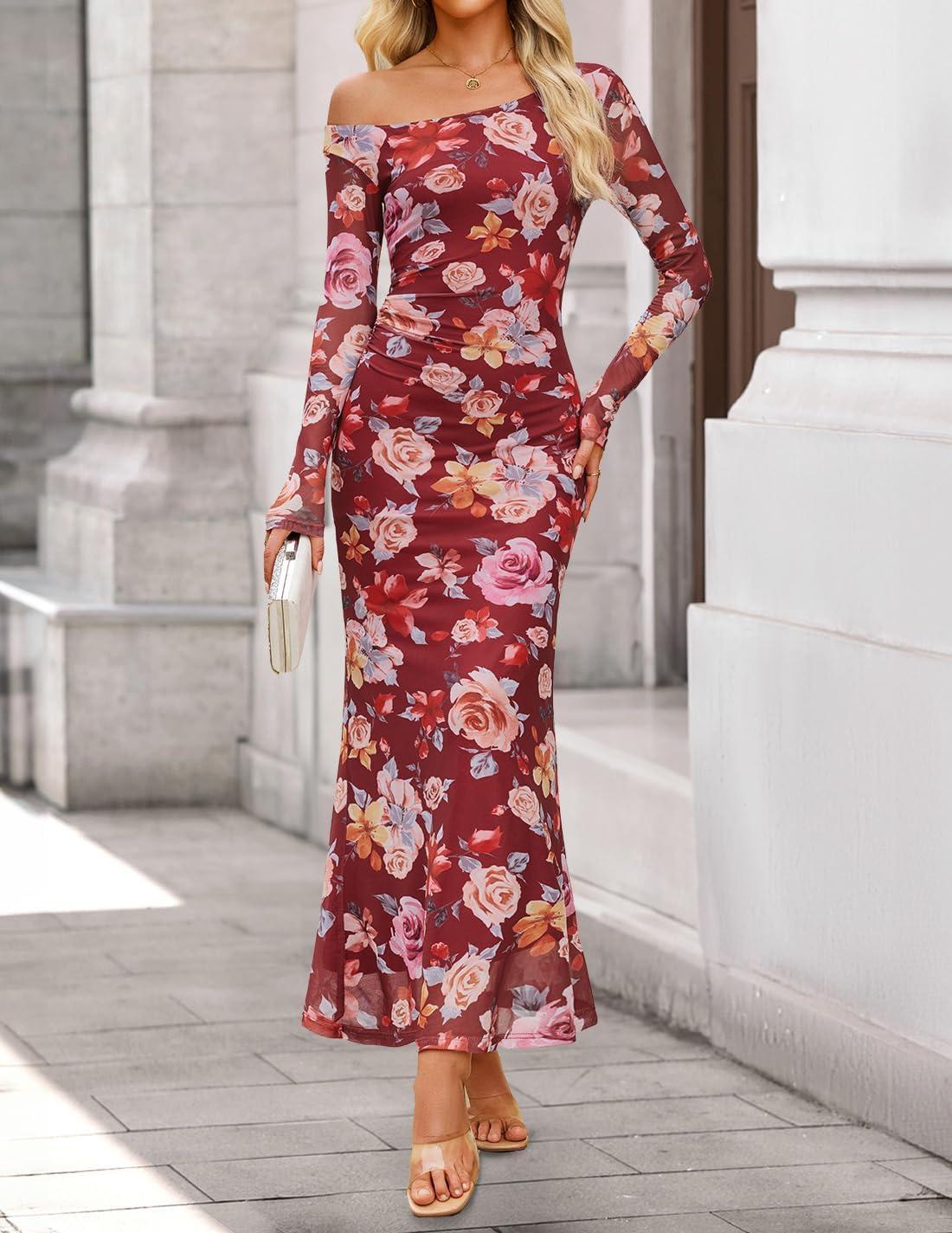 ZESICA Women’s Long Sleeve Floral Maxi Dress 2026 Fall Off Shoulder ...