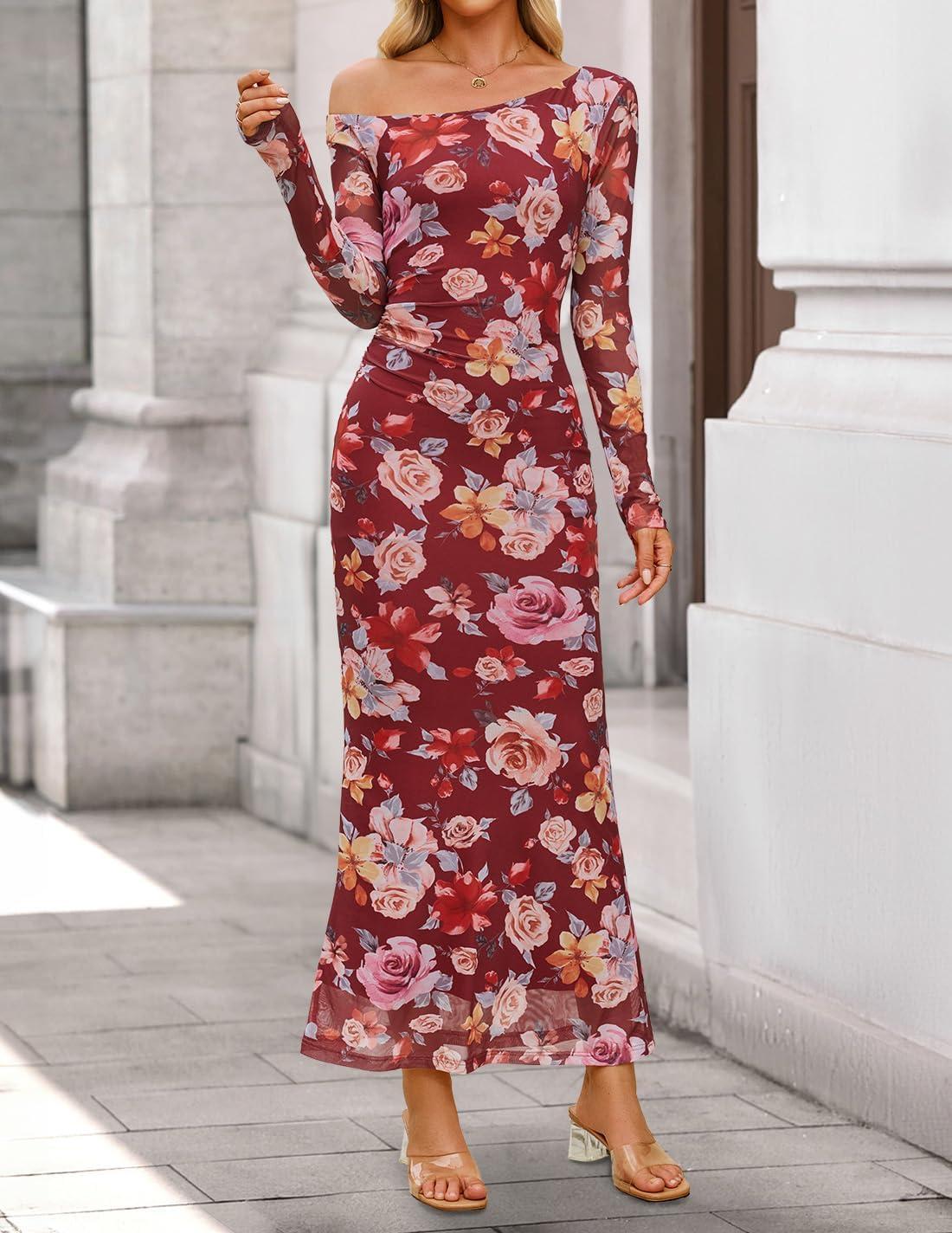 ZESICA Women’s Long Sleeve Floral Maxi Dress 2026 Fall Off Shoulder ...