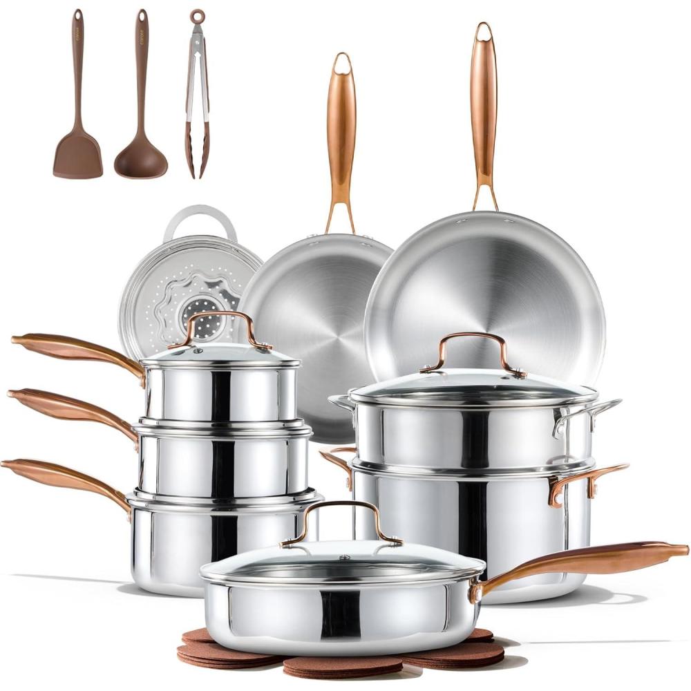 CAROTE 23pcs Tri-Ply Stainless Steel Cookware Set, Pots and Pans Set ...